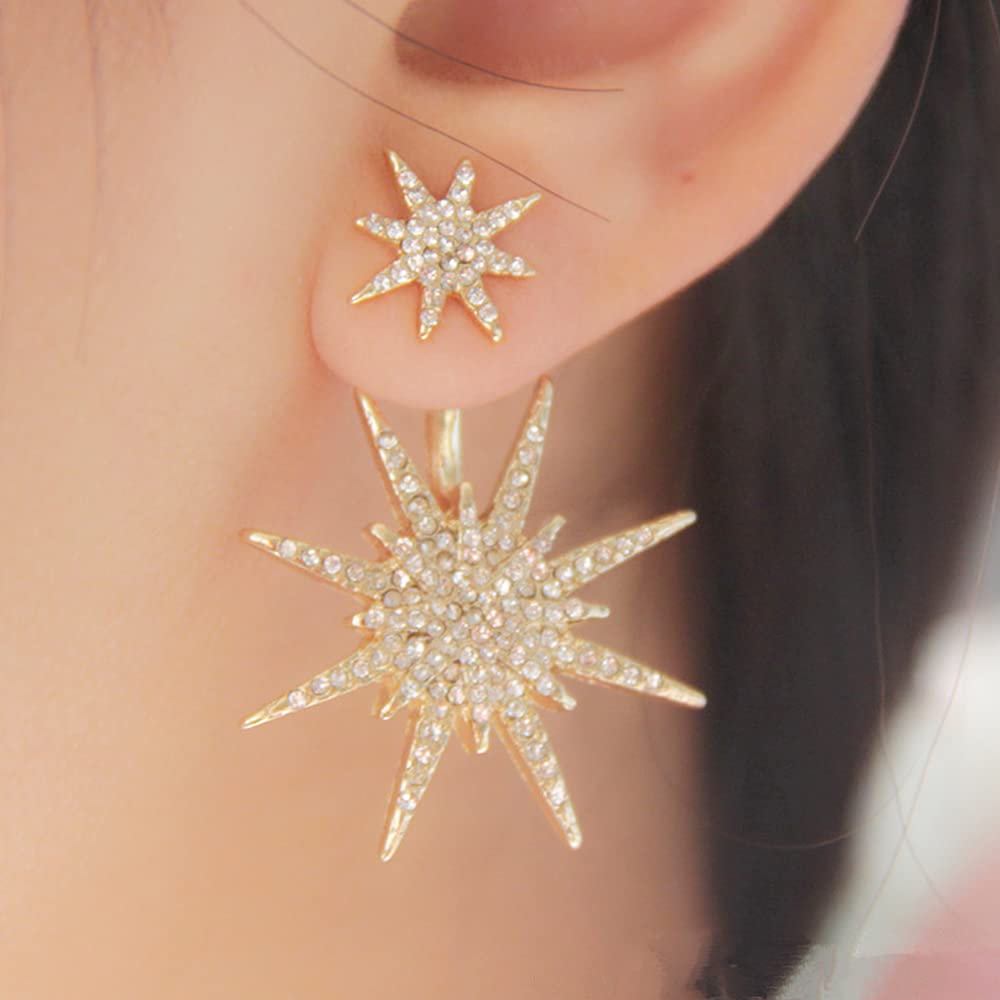 Jumwrit Starburst Rhinestone Earrings Star Dangle Earrings Rhinestone Punk Earrings Statement Drop Earrings for Women(Gold)
