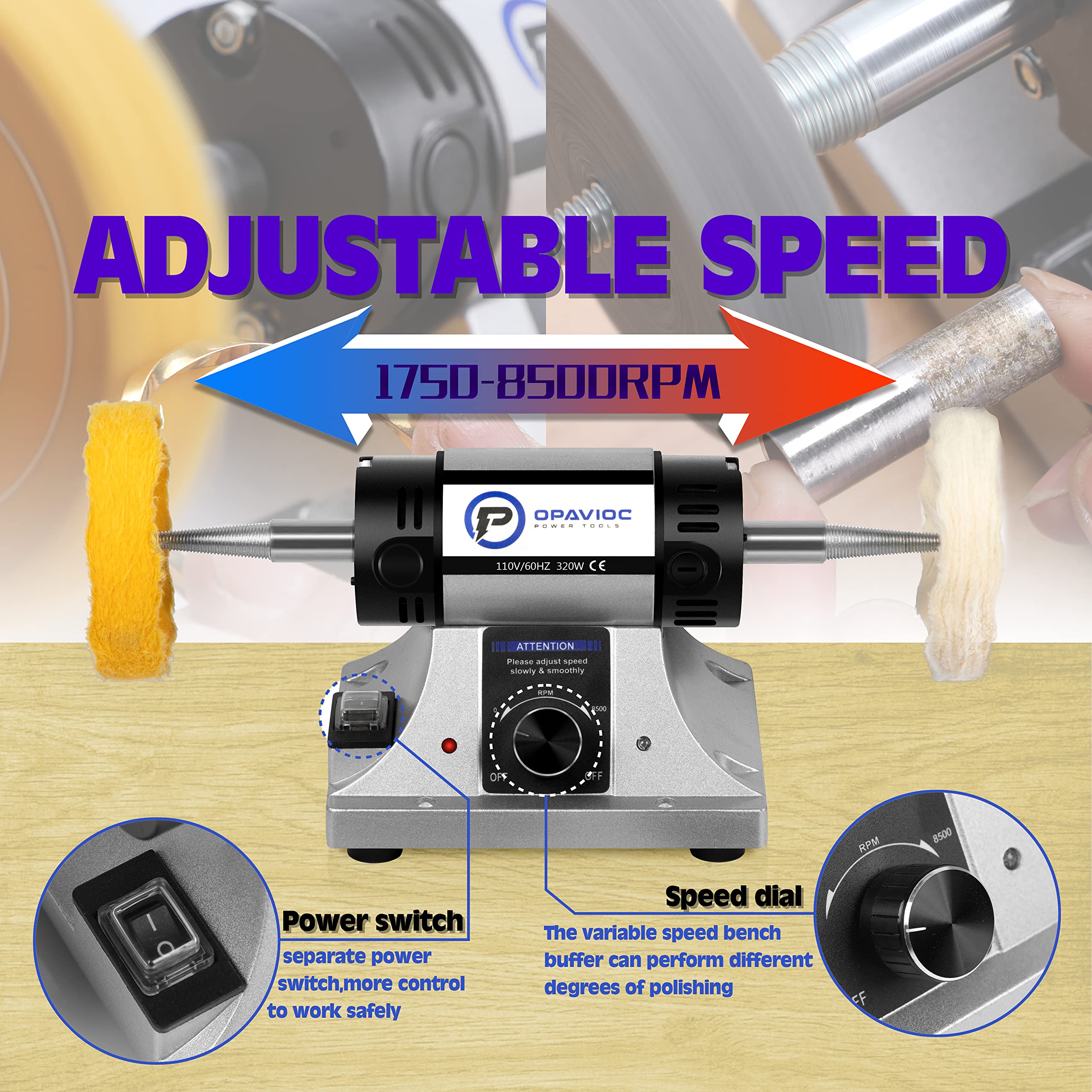 OPAVIOC Jewelry Polisher - Adjustable Variable Speed Bench Grinder Polishing & Buffing Machine, Dental Buffer & Lathe - Includes 2 Cotton Buffs, 2 Abrasive Fiber Wheels, Safety Glass, Polish Compound