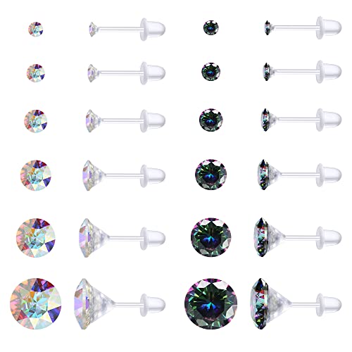 LOLIAS 12Pairs Clear Earrings Plastic Post Stud Earrings for Women Plastic Earrings for Sensitive Ears Clear Piercing Retainer for Sport Work Crystal Stud Earrings Pack Rainbow