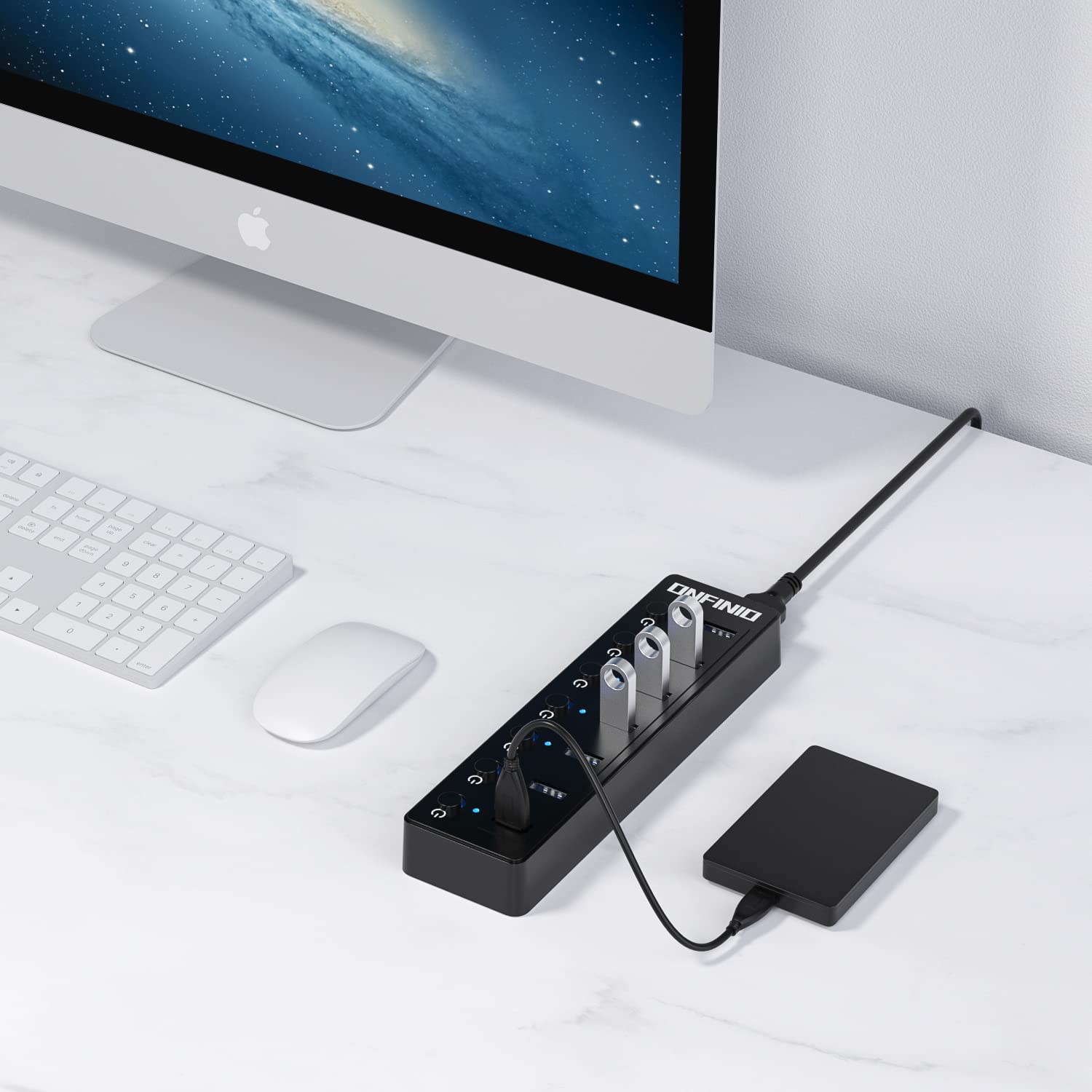 ONFINIO USB Hub, 7 Port USB Hub 3.0 with 3.3ft USB Cable Multiple Port with Individual LED On/Off Switches USB Splitter for Laptop & PC