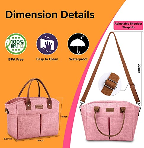 Lunch Bags for Women Insulated Thermal Lunch Tote Bag with Shoulder Strap Upgrade Large Lunch Box Container Drinks Holder for Adults Men Work College Picnic Beach Park, Pink