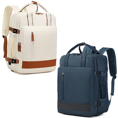 InduSKY Large Travel Backpack for Women, 40L Carry On Backpack Airline Flight Approved with USB Charging Port Shoes Compartment, Personal Luggage Backpack 15.6 Inch Laptop Backpack(Beige+Navy Blue)