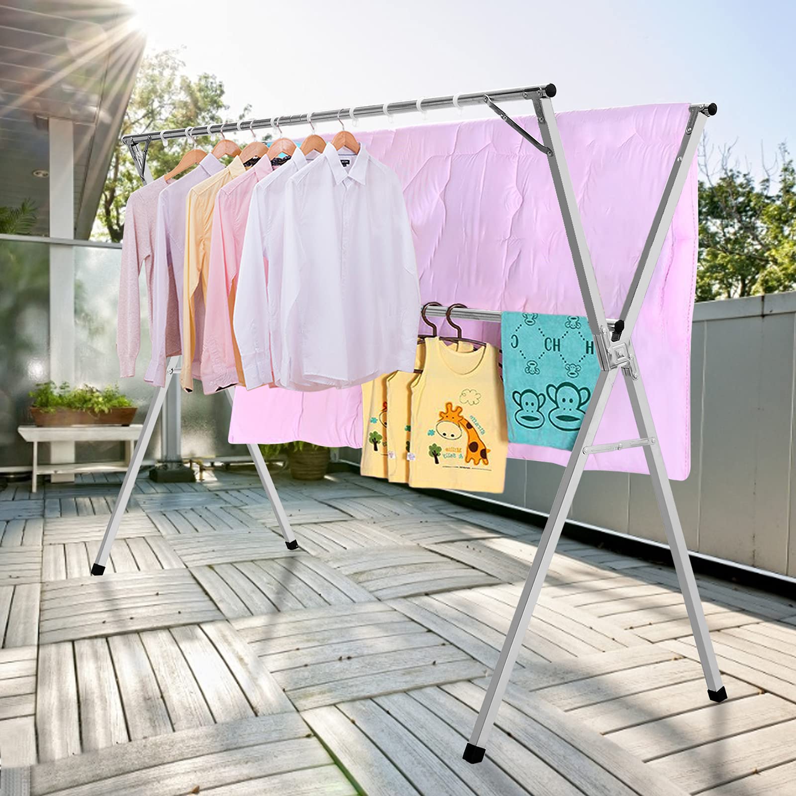 TORIBIO 59 Inch Clothes Drying Rack, Retractable Laundry Drying Rack Folding Indoor Outdoor, Length Adjustable Heavy Duty Stainless Steel Clothing Garment Rack with 20 Windproof Hooks