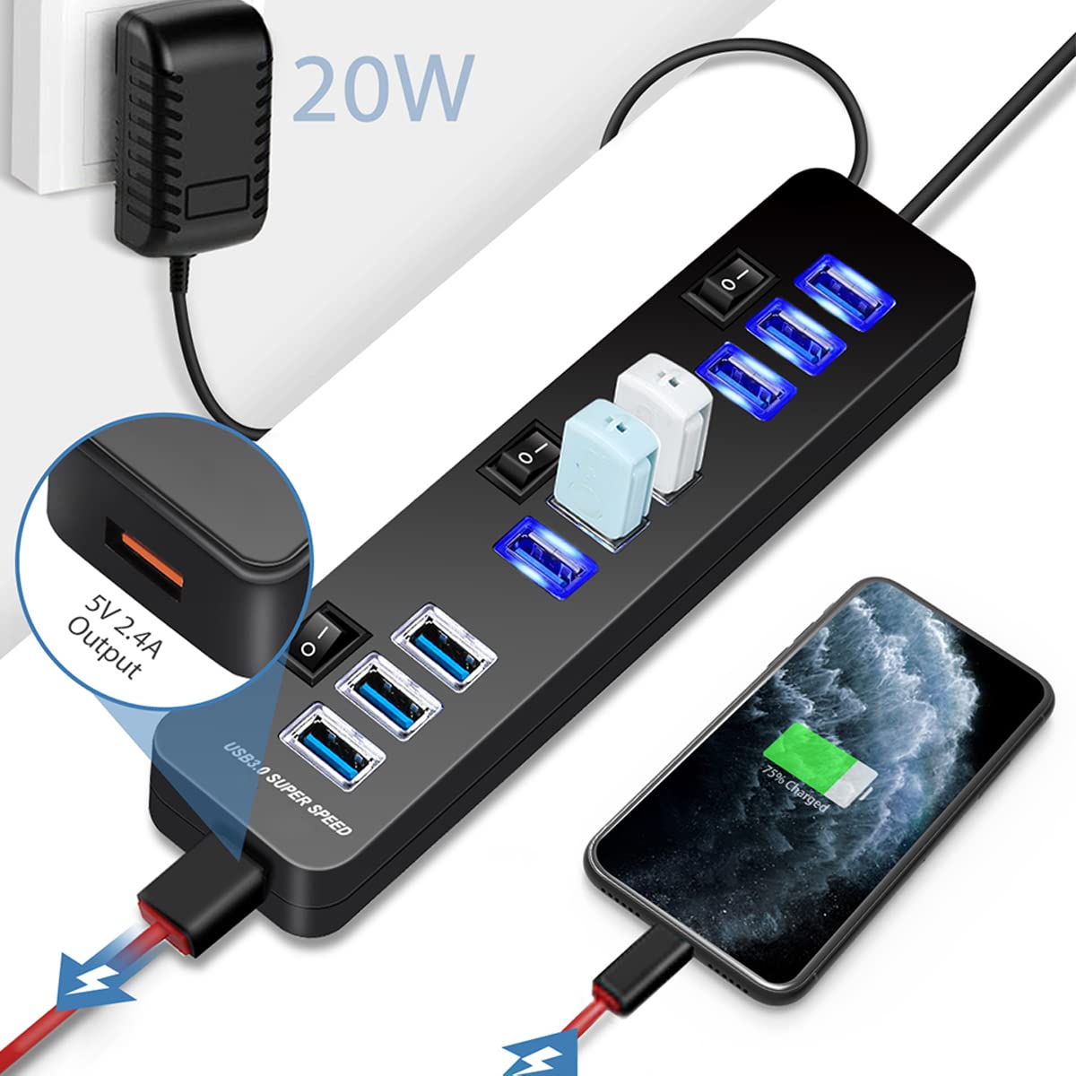 Powered USB 3.0 Hub, Adapter USB Extension, 9 Ports USB Data Hub Splitter with 1 Smart Charging Port and 3 ON/Off Switches, 5V/4A Power Adapter USB Extension for MacBook, Mac Pro/Mini etc