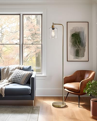 Oneach 66.5 '' Industrial Floor Lamp for Living Room Modern Standing Lamps with Hanging Clear Glass Shade Reading Tall Pole Lamp for Bedroom Office Study Room AB Antique Brass(Bulb Included)