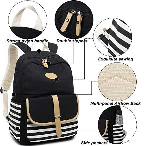 Joyfulife Girls Backpacks, School Backpack for Girls Lightweight Canvas Backpack Student Bookbags Stripe Backpack with Lunch Box 4 in 1