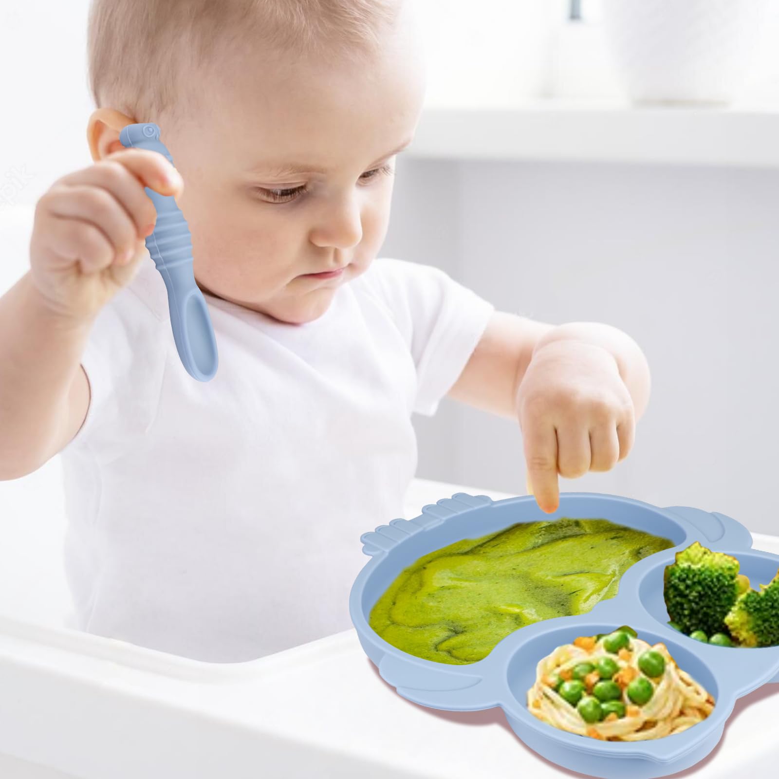 UHdod Silicone Baby Feeding Set, 12 PCS Baby Led Weaning Supplies with Suction Baby Plate and Bowl Set, Baby Spoon and Fork, Adjustable Bib, Sippy Cup with Straw and Lid, Baby Utensils for 6+Months