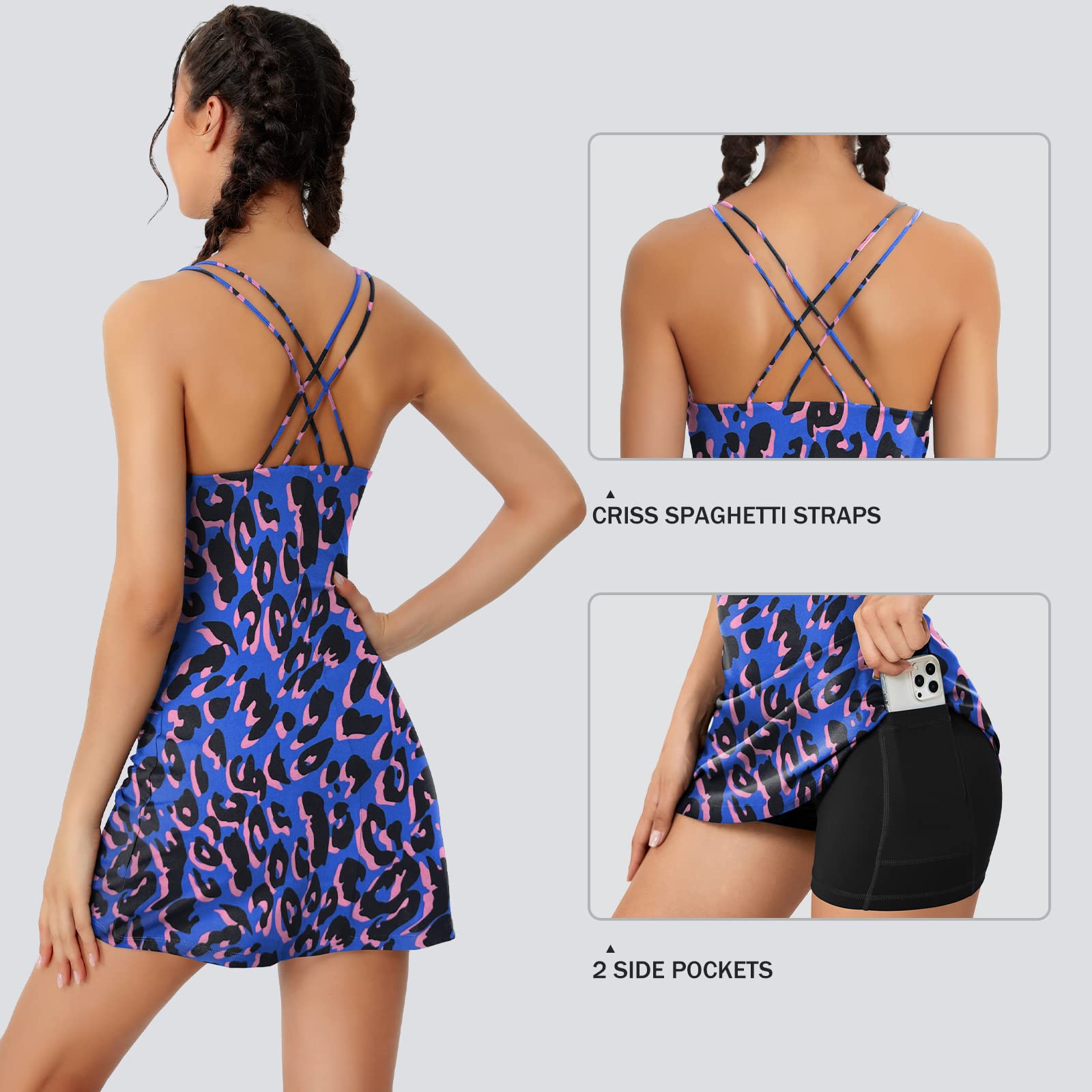 LouKeith Womens Tennis Dress with Built in Shorts & Bra Exercise Workout Sleeveless Athletic Golf Dresses with Pockets Leopard Print M