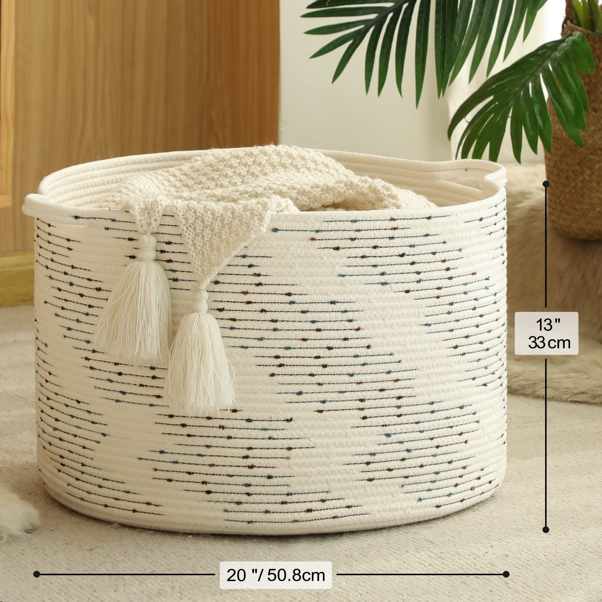 KAKAMAY Large Cotton Rope Blanket Basket (20"x13"),Woven Baby Laundry Hamper,Blanket Basket for Nursery, Laundry, Living Room, Pillows, Toys Dotted Pattern(White)