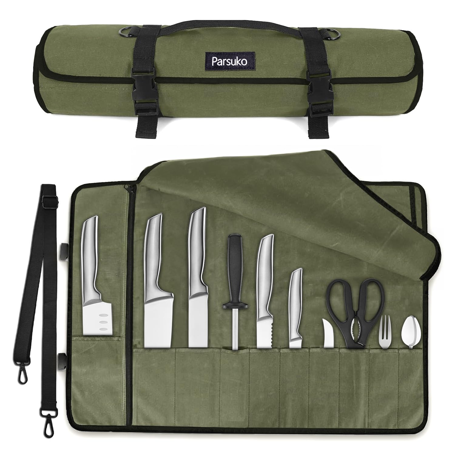 Parsuko Chef Knife Roll Bag,Waterproof Waxed Canvas Knife Case Holds,Knives Roll Bags for Chefs Professional with Adjustable Strap,Chef Backpack with 10 Knife Slots and a Large Zippered Pocket