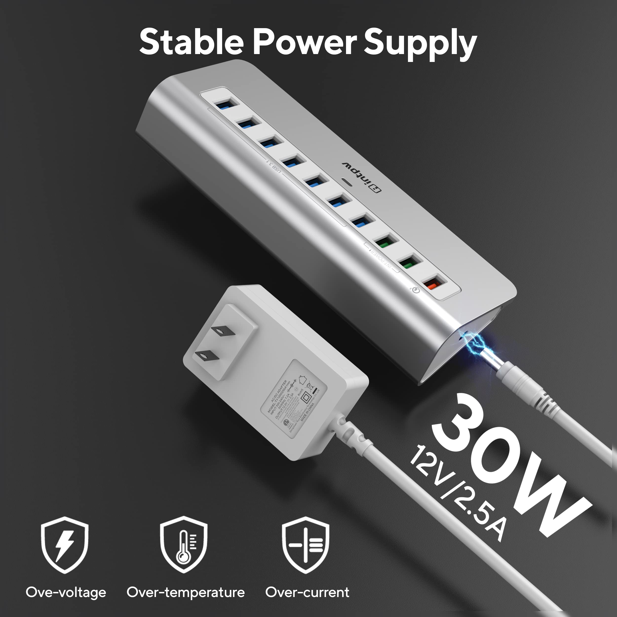 Powered USB Hub,10 Port USB 3.1/3.2 Gen 2 Hub 10Gbps 36W (12V/3A) Power Adapter, 7X 10Gbps USB Data Ports,1x QC 3.0, 2 x 2.4A Fast Charging Ports USB Port Hub Splitter for Laptop and PC