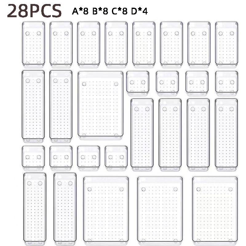 SNOW COOLER 28 PCS Clear Plastic Drawer Organizers Set, Versatile Bathroom and Vanity Drawer Organizer Trays, Storage Bins for Makeup, Bedroom, Kitchen Gadgets Utensils and Office