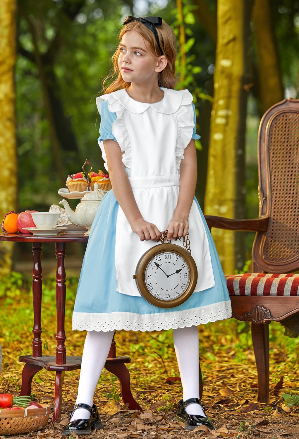 Halloween Child Girls Alice Outfit Puff Sleeve Casual Ruffle Trim Midi Dresses with Headband Blue 10 Years