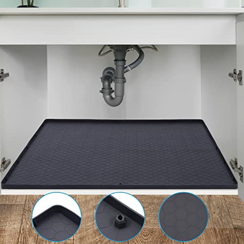 MEIKEYI Under Sink Mat - Kitchen Sink Mats Cabinet Liner Silicone Drip Tray 34" x 22" Unique Drain Function Design , Under Sink Mats for Kitchen Waterproof Bathroom Cabinet Equal Multiple Scenes