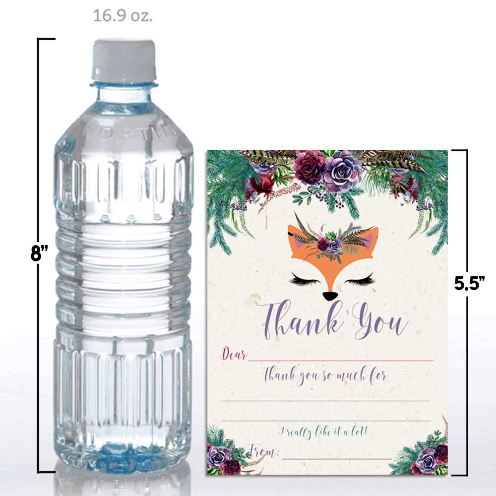 Woodland Forest Fox Face Floral Thank You Notes, Ten 4" x 5.5" Fill In The Blank Cards with 10 White Envelopes by AmandaCreation