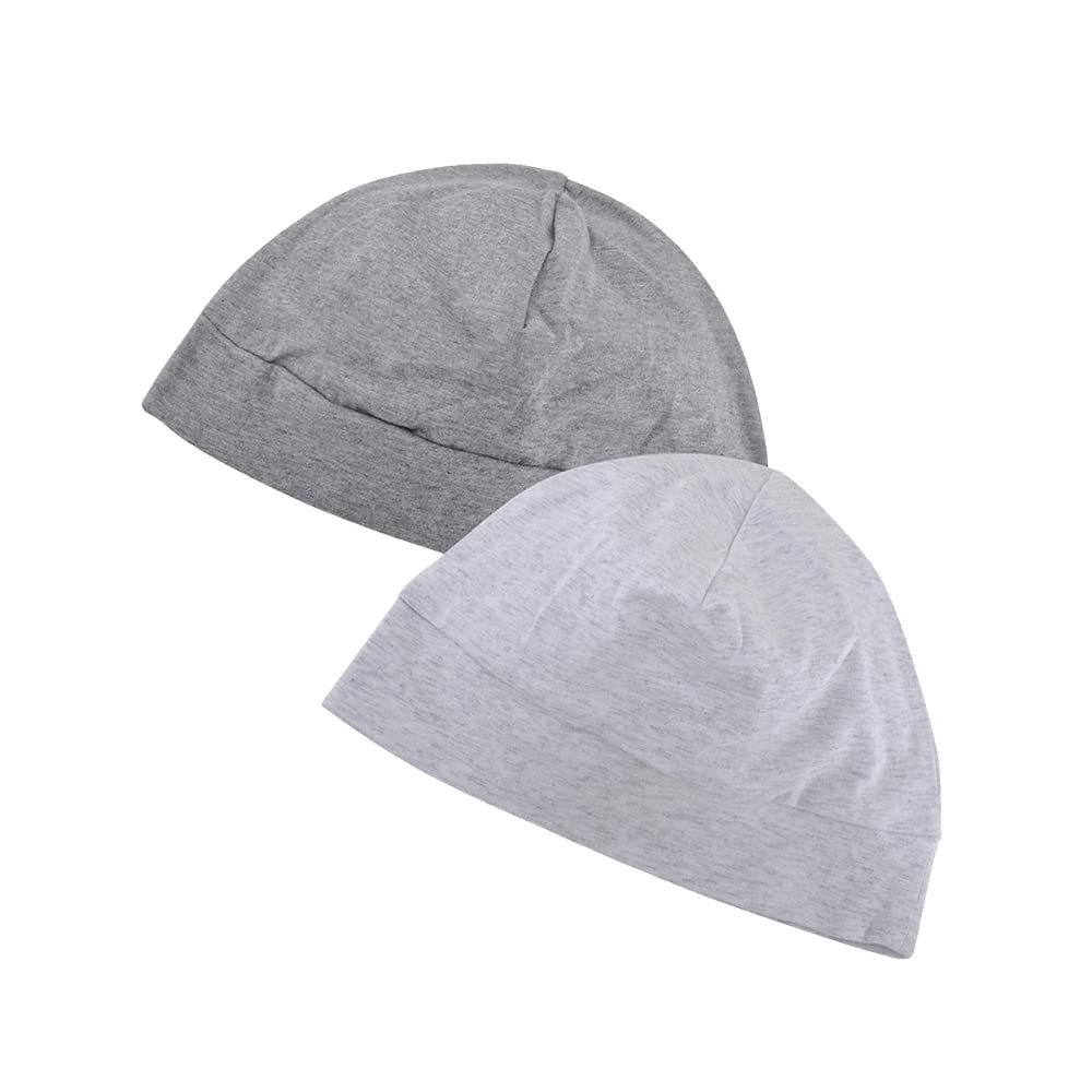 Headshion Cotton Skull Caps for Men Women,2-Pack Lightweight Beanie Sleep Hats Breathable Helmet Liner Light Grey,White Smoke