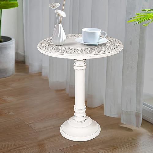 Side Table,Round End Table,Small Table,Side Tables Living Room,End Table,Round Side Table,Altar Table, Carved Side Table,Wood Accent Table,Carved Wood Table Single Pillar 18x22 inch White Antique