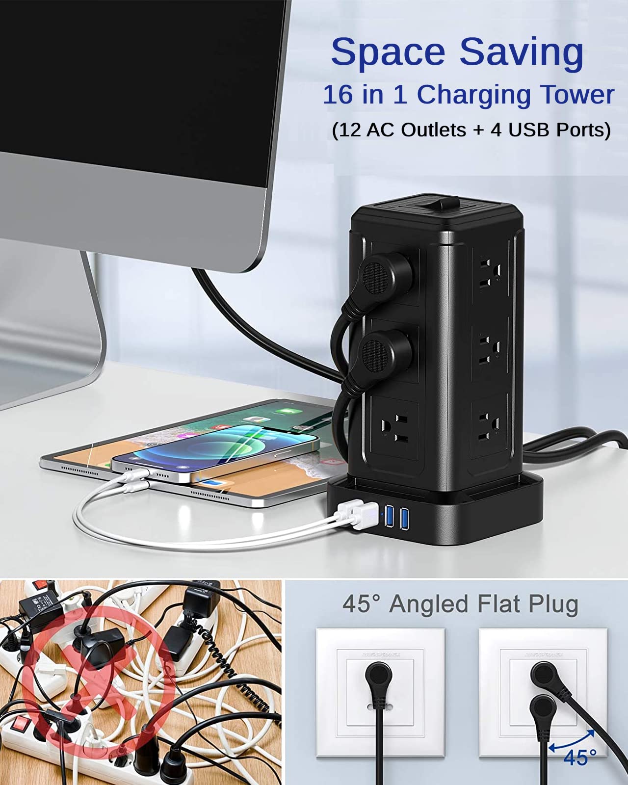 NVEESHOX Power Strip Surge Protector Tower with 12 Outlets 4 USB Ports, 10ft Long Extension Cord Multiple Outlets Charging Tower with Surge Protection, Overload Protection Fire Proof for Home Office
