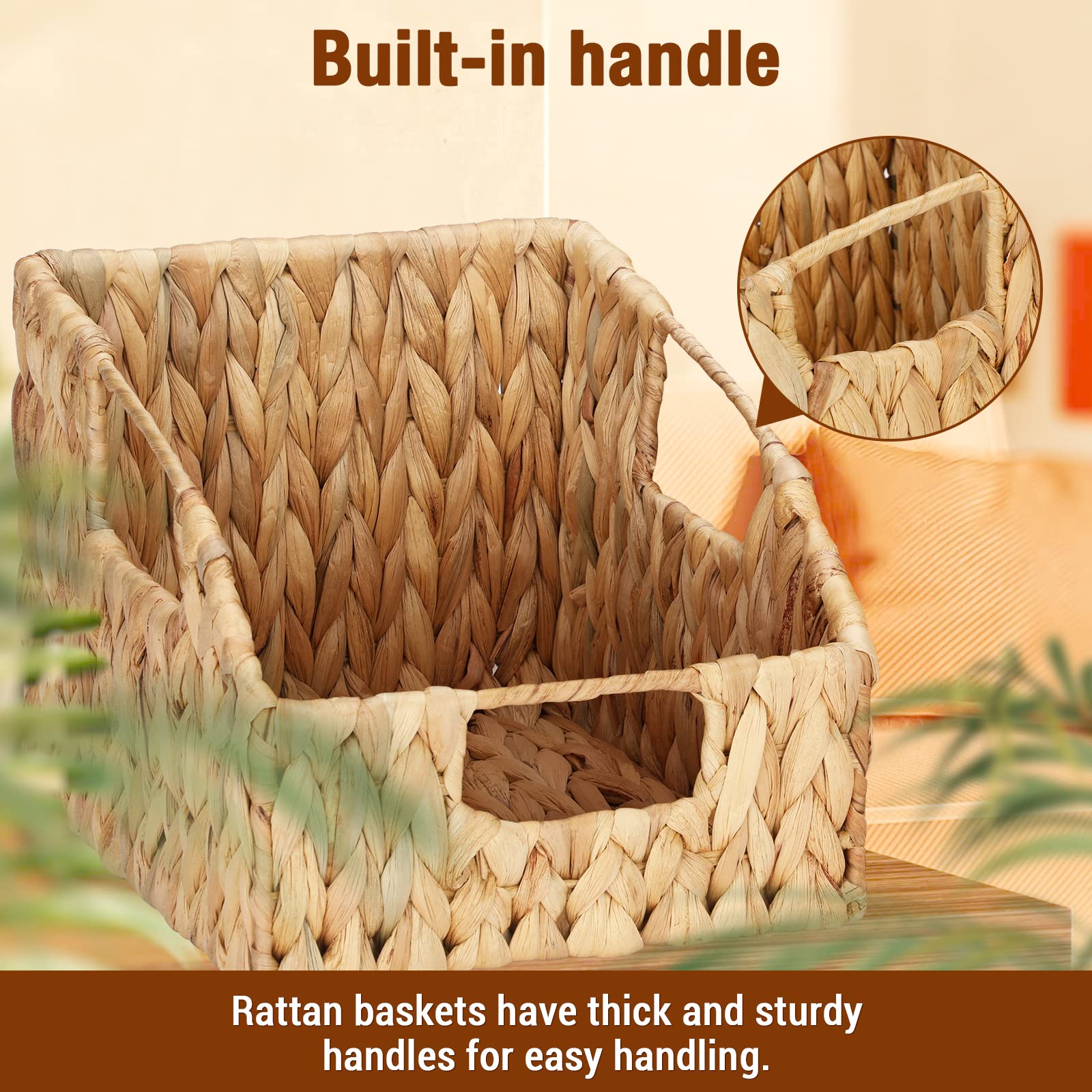kenvc 2Pack Water Hyacinth Storage Baskets,Wicker Baskets for Organizing, Wicker Basket With Handle,Water Hyacinth Storage Baskets for Pantry Shelf Closet, 8 ½"L x 10 ¼"W x 7 ½"H