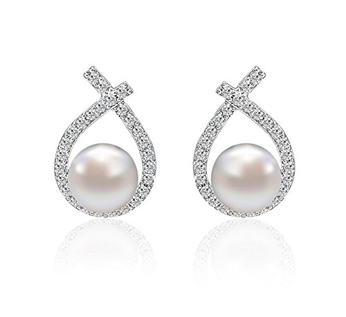 LOVE&CLOVER Elegant Freshwater Pearl Stud Earrings for Women 925 Sterling Silver, Genuine Cultured Pearls, Bridal Earrings for Women Brides Bridesmaids Wedding Gifts