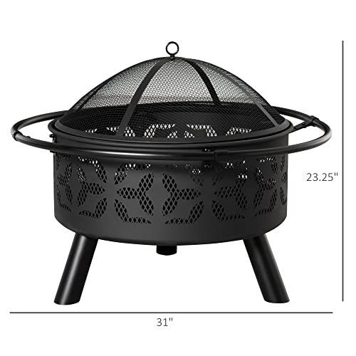 Outsunny 31" Outdoor Fire Pit, Portable Steel Wood Burning Bowl, Handle Ring, Poker, Spark Screen Lid for Patio, Backyard, Bonfire, Campfire, Black
