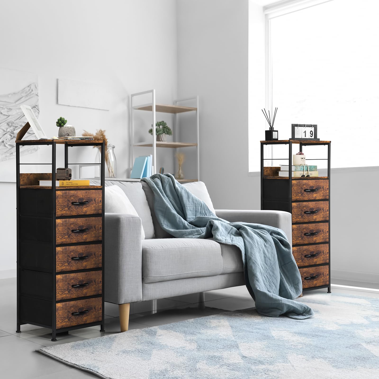 YBING Tall Nightstand 5 Drawer Dresser for Bedroom Vertical End Table Chest for Nightstand, Open Shelf, Steel Frame, Bedside Table Black