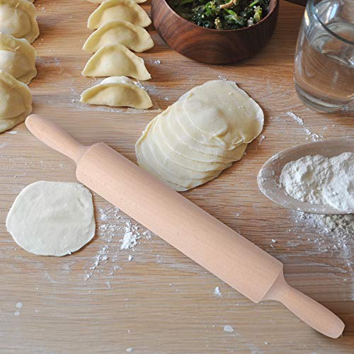 Meilexing Rolling Pin Beech Wood Wax Free, Professional Dough Roller for Baking Pasta Pizza Fondant Cookie Noodles Bread, 15x1.5 inch(With handle),the roller is 9 inch
