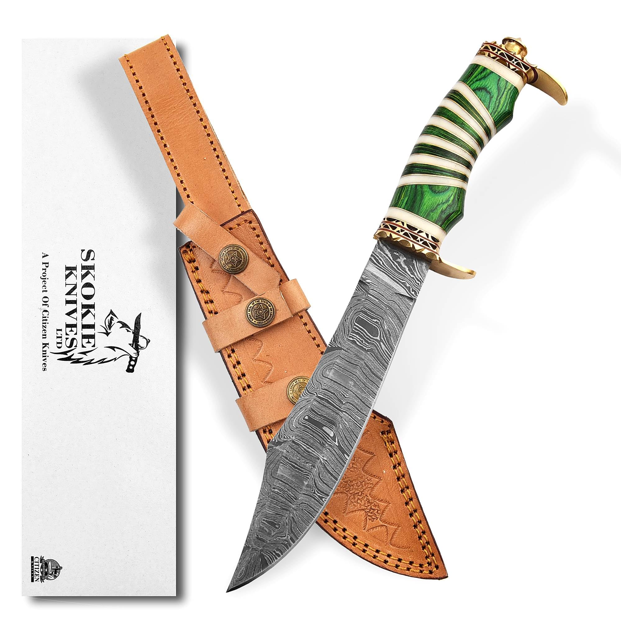 Skokie Knives Custom Hand Made Damascus Steel Hunting Knife Handle Camel Bone (Green)