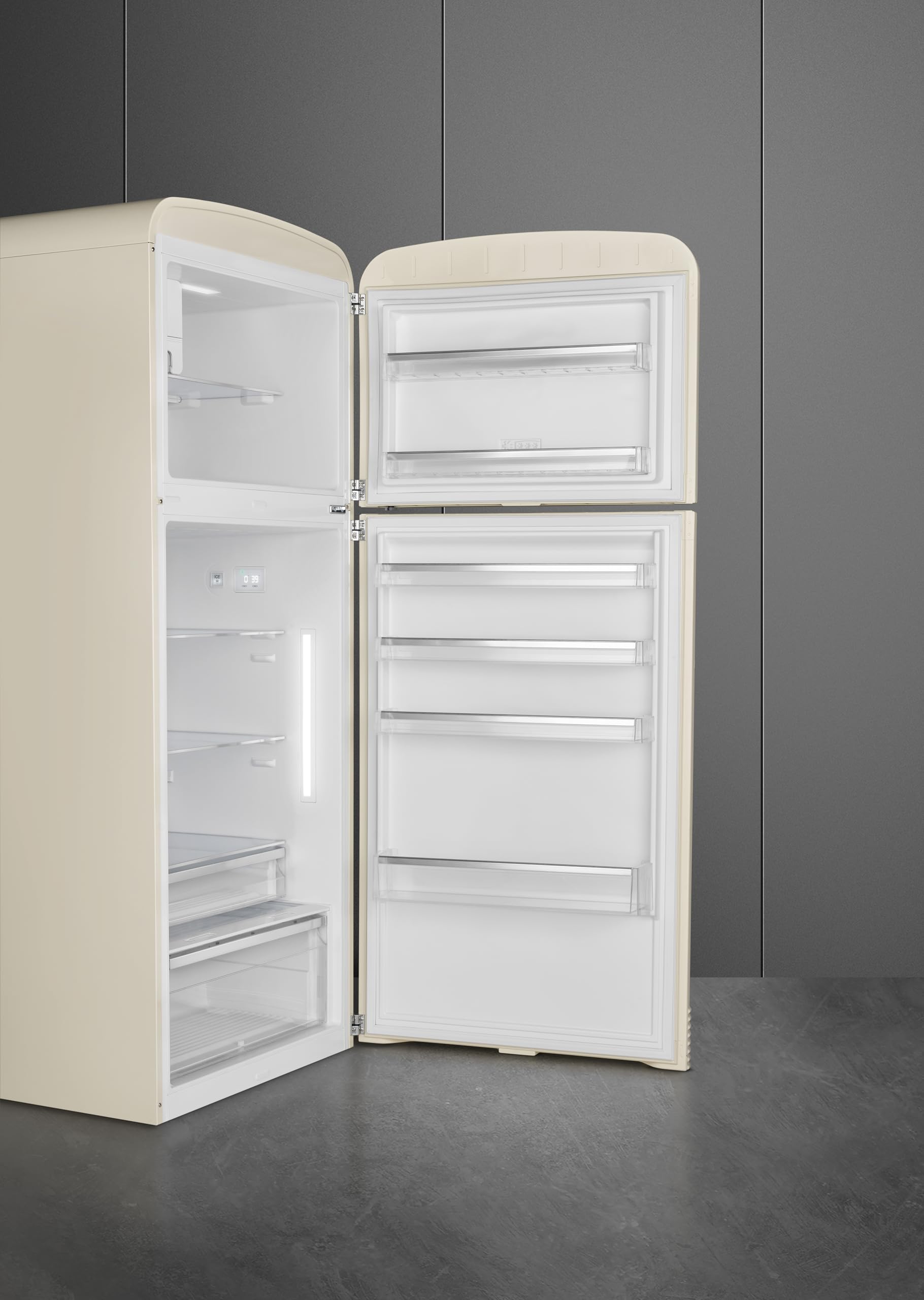 Smeg FAB50 50's Retro Style Aesthetic Top Freezer Refrigerator with Ice Maker 19.28 Cu Total Capacity Multiflow Cooling System Adjustable Glass Shelves Left Hand Hinge Cream Made In Italy