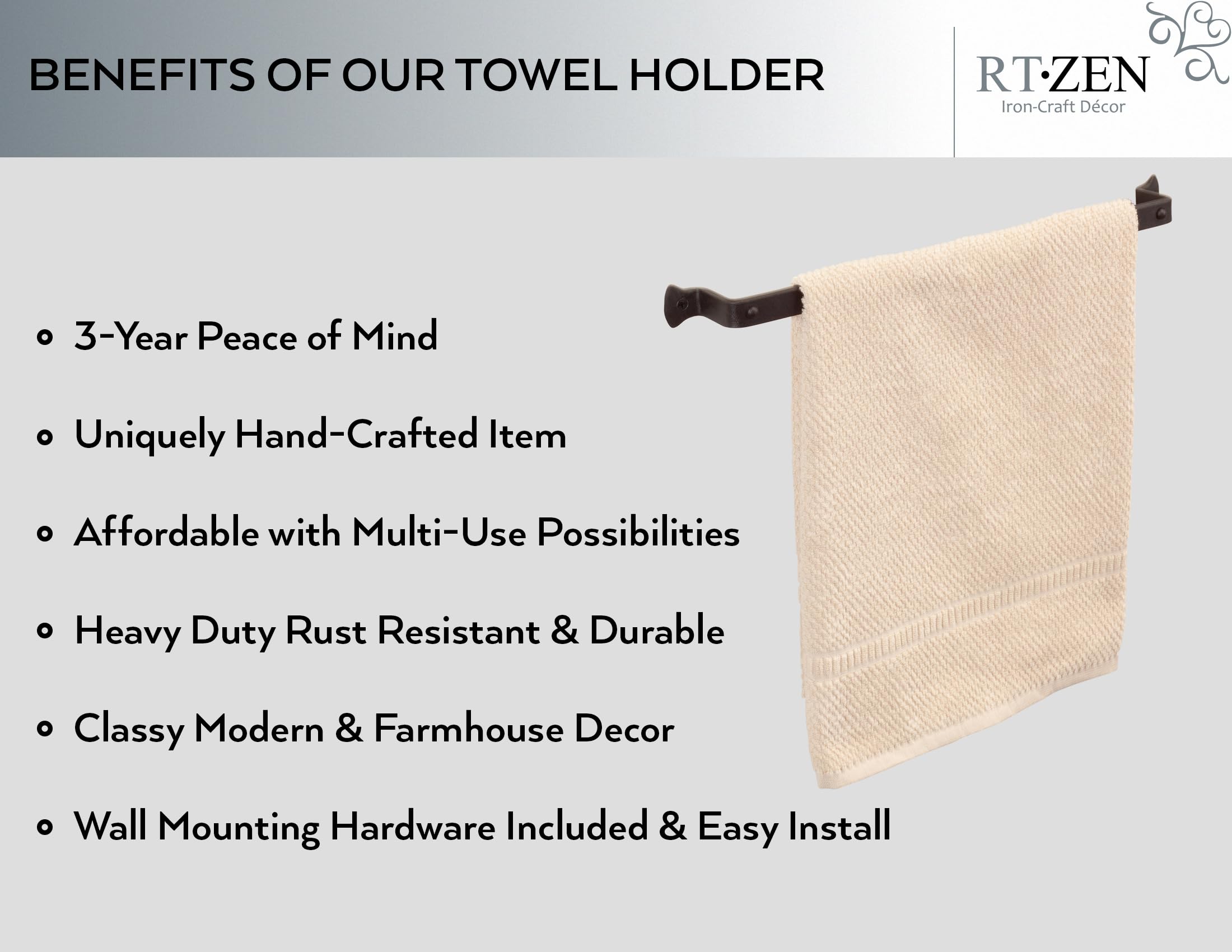 RTZEN Black Wrought Iron Wall Mounted Towel Holders and Coat Hooks Set - Handcrafted Classic Farmhouse Multipurpose Hanging Pieces for Home - Hand Towel Bar, Bath Towel Bar and 3 Pack Double Hooks