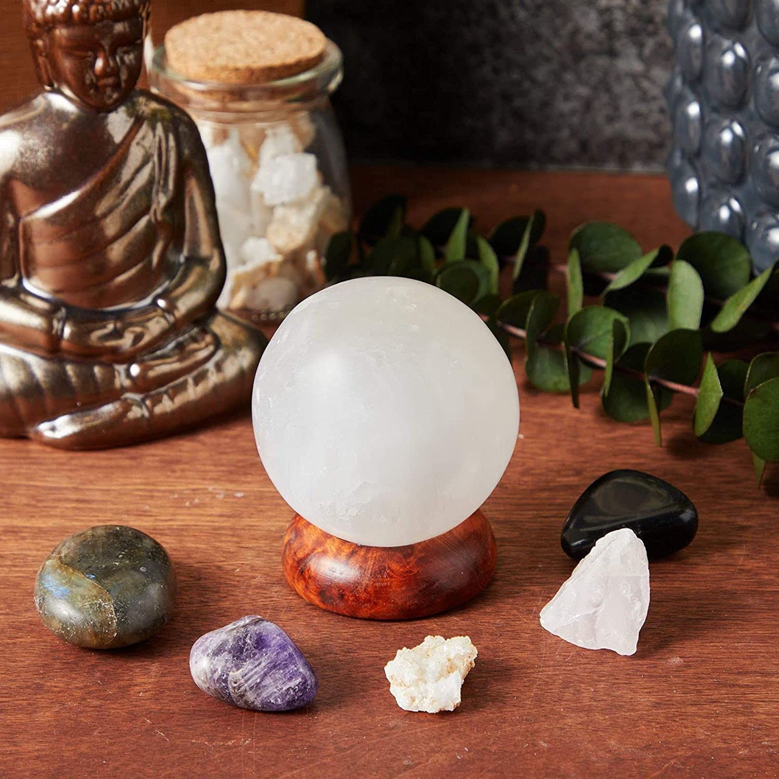 Healing Crystal Ball, Selenite Sphere with Wood Stand (2-Piece Set)
