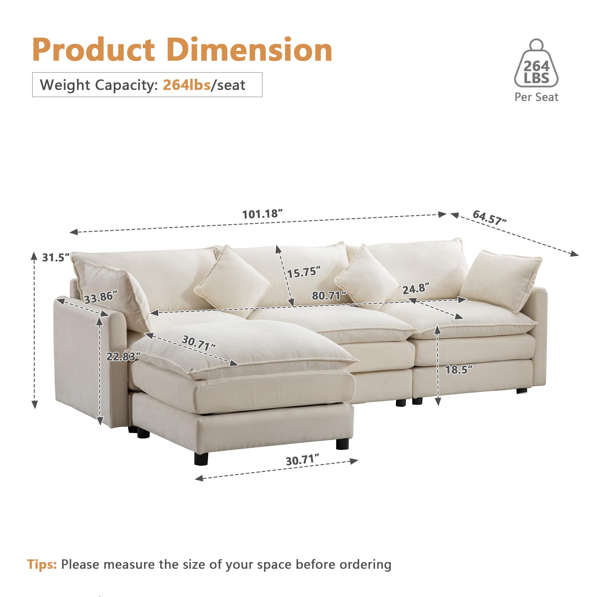 Setawix Modular Sectional Sofa Set for Living Room, Chenille L Shaped Sofa with Movable Ottoman, Modern Comfy Cloud Couch with Throw and Arm Pillows, Deep 3-Seater Sofa Couches for Apartment, Orange