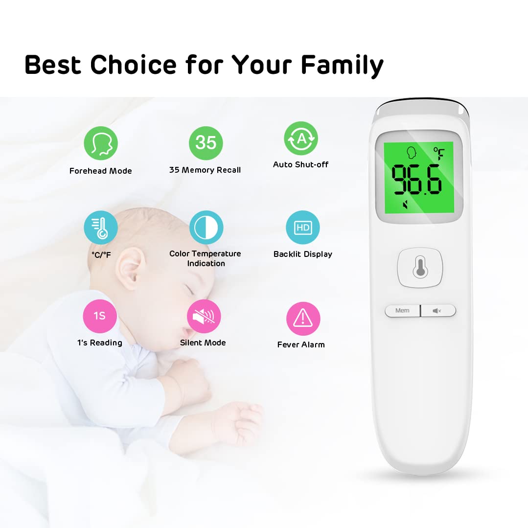 No-Touch Forehead Thermometer for Adults, Baby, Kids, Infrared Temporal Thermometer with Silent Mode, LCD Display and Memory Function, Ideal for Whole Family