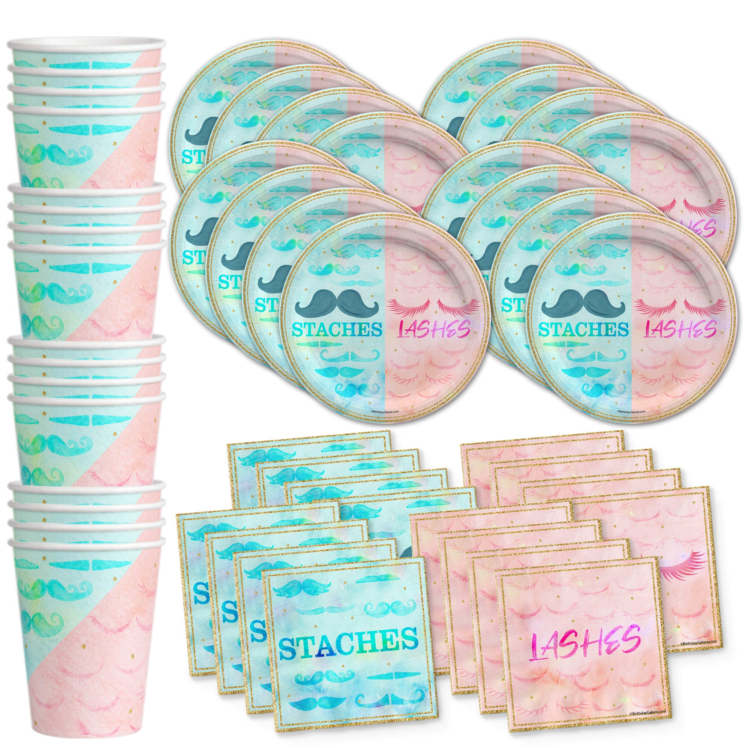 Lashes or Staches? Gender Reveal Party Supplies Set Plates Napkins Cups Tableware Kit for 16