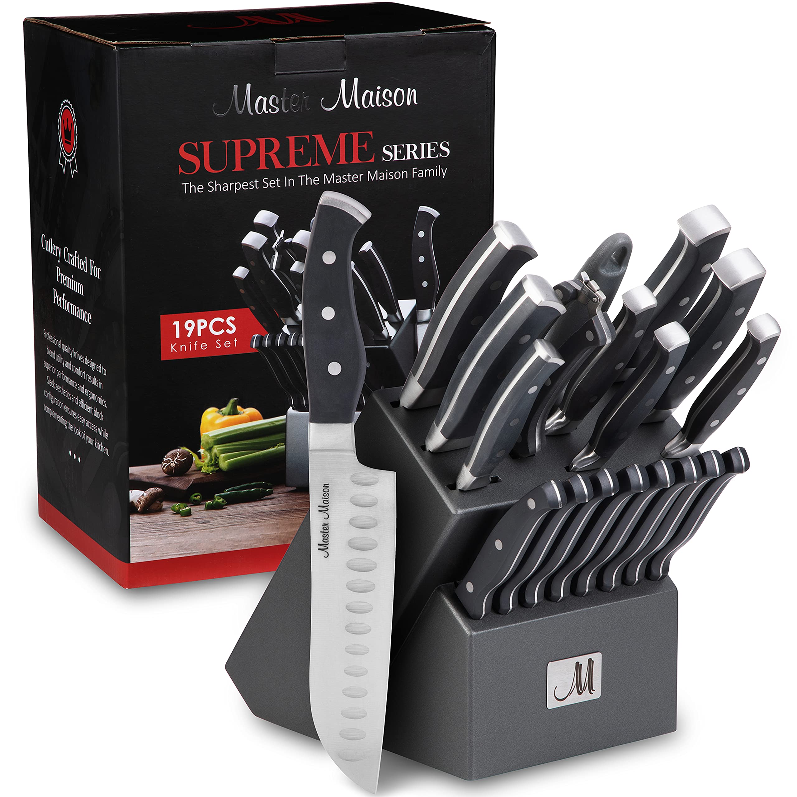 Master Maison Gray Kitchen Knife Set With Knife Block & Bonus Cleaver | German Stainless Steel Knives With Knife Sharpener & 8 Steak Knives | Butcher Block Knife Sets For Kitchen