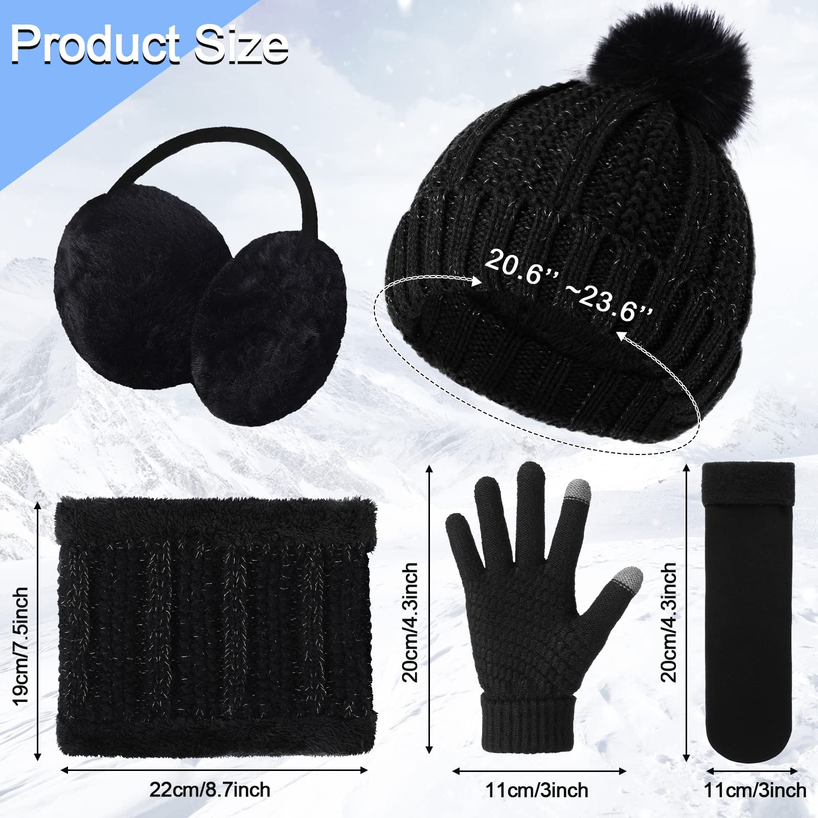 Hicarer 5 Pieces Women Ski Outing Set, Knit Winter Hat Scarf Gloves Earmuffs Stockings (Black, Classic Style)