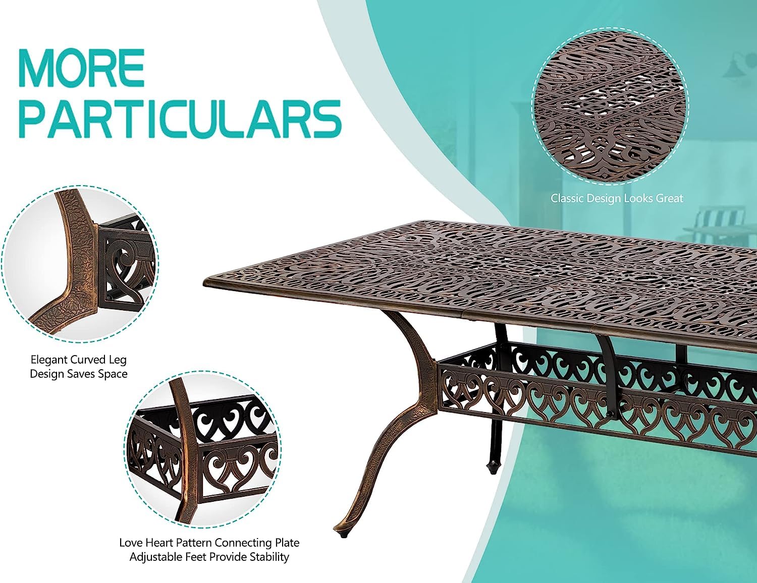 TITIMO 9-Piece Cast Aluminum Patio Furniture Set, Outdoor Dining Set Bistro Conversation Set, All-Weather Rectangular Dining Set with Umbrella Hole(8 Flower Pattern Chairs Without Cushions)