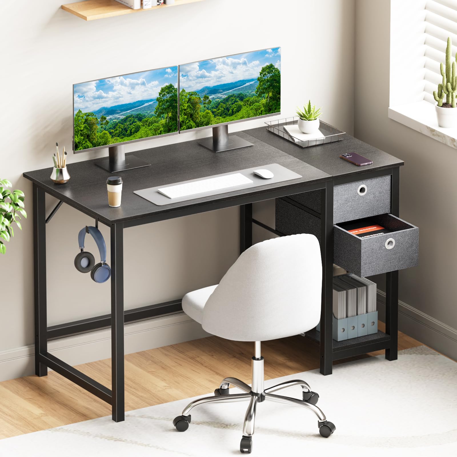SMUG Computer Desk with Storage Drawers,Small Office Desk Modern Simple Study Writing Table for Home, Black 40 Inch