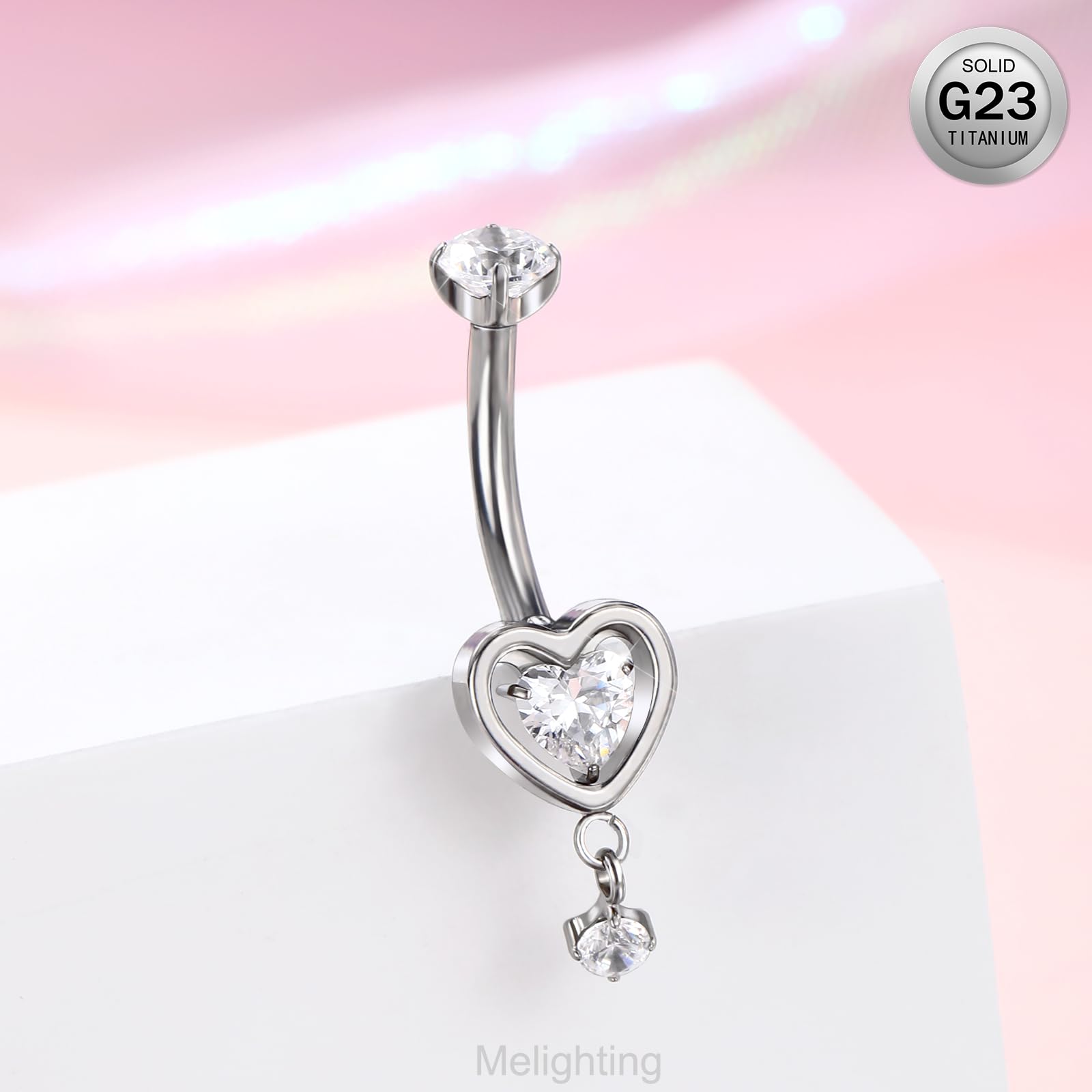Melighting Heart Titanium Belly Button Ring Internally Threaded 14G Dangle Belly Ring Belly Piercing Jewelry Titanium G23 Naval Ring Clear Cz Body Piercing Jewelry