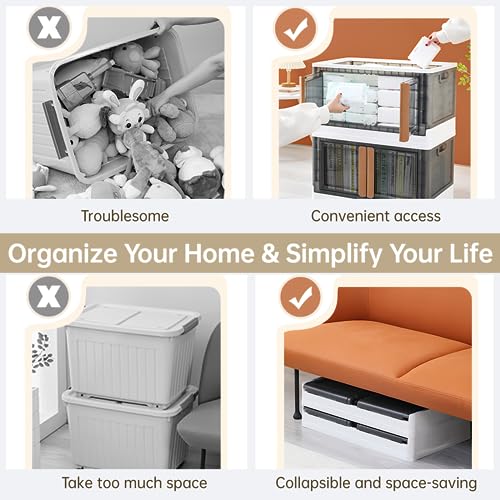 Joyoolife Folding Storage Bin with Lid, 3 PCS Clear Folding Storage Cabinet with Doors, 15 Gallons Collapsible Organizer with Wheels, Stackable Plastic Container for Quilts, Clothes, Books