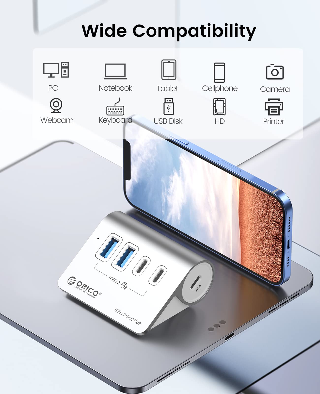 ORICO USB 3.2 Hub 10Gbps with 7 USB A Ports, USB 3.2 Gen 2 Hub with 3.28Ft USB-A to USB-C Cable, Desk USB Splitter for MacBook, Mac Pro/Mini, iMac, Surface Pro Laptop/PC