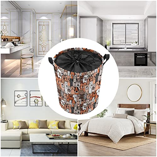 Many Dogs and Cats Laundry Basket Round Collapsible Storage Bin with Drawstring and Handle for Bedroom Bathroom Toys Room 17.3" X 13.8"
