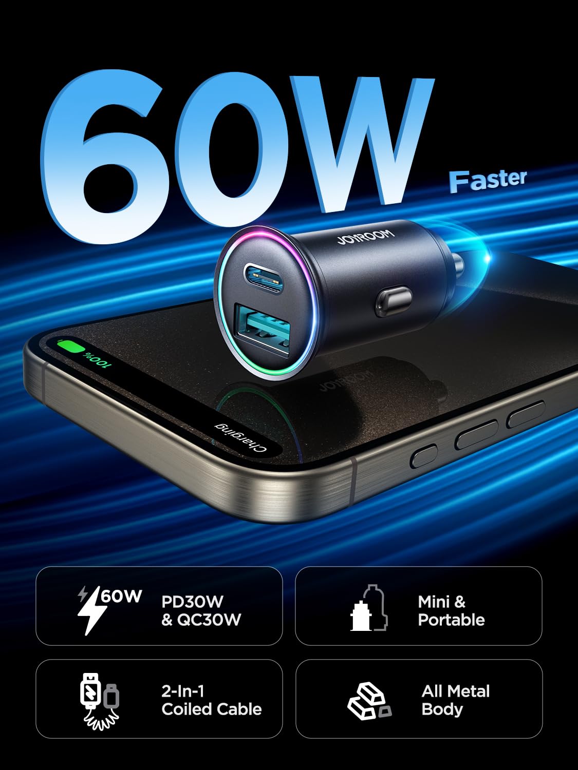 JOYROOM USB C Car Charger,【USB A/C to USB-C Coiled Cable】60W Super Fast Car Phone Charger 【Mini & All Metal】iPhone Car Charger Adapter for iPhone 15/14/13/12/11 Pro/11/X, Note 9/20 Galaxy S23/S10/S9