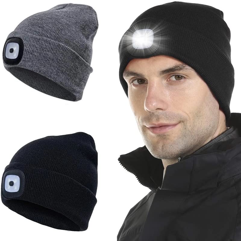 LED Beanie Hat, Winter Hat, Hands Free Flash Light, Camping Hat, Camping Essentials, with Rechargeable LED Light, Unisex Black