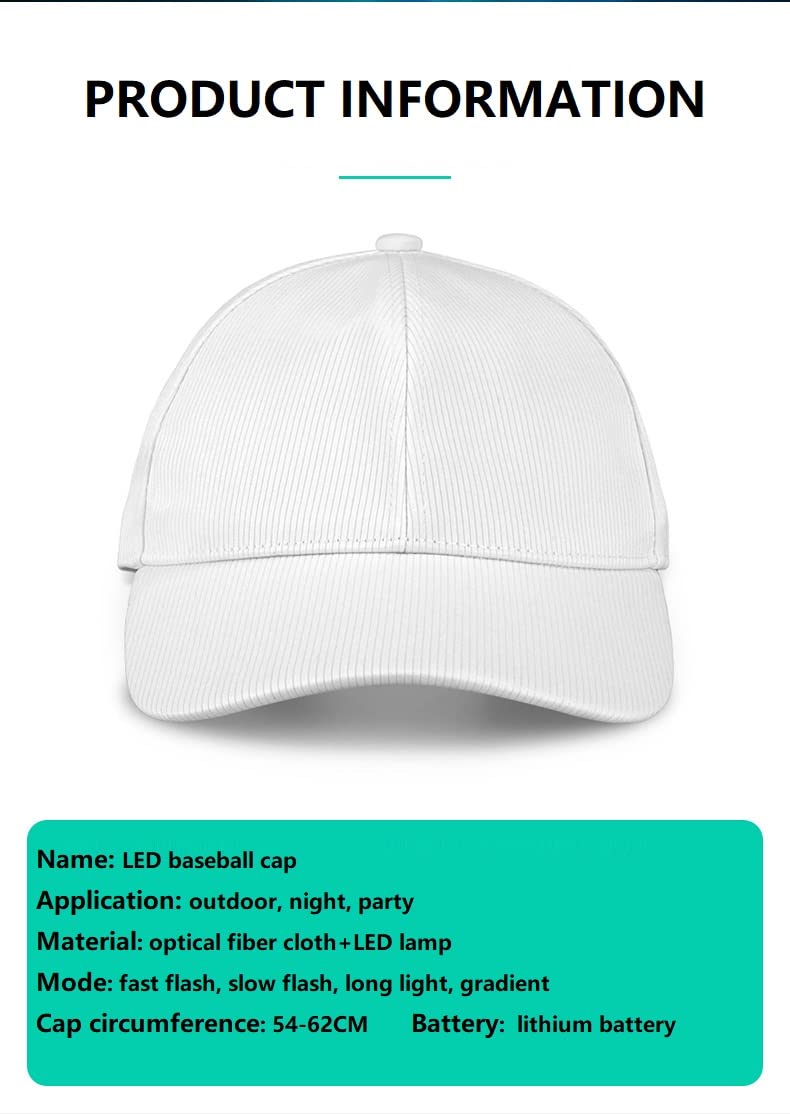 LED Light Up Hat for Men,7 Colors Glow Hat Fiber Optic Rave Luminous Baseball Cap for Women USB Charging White