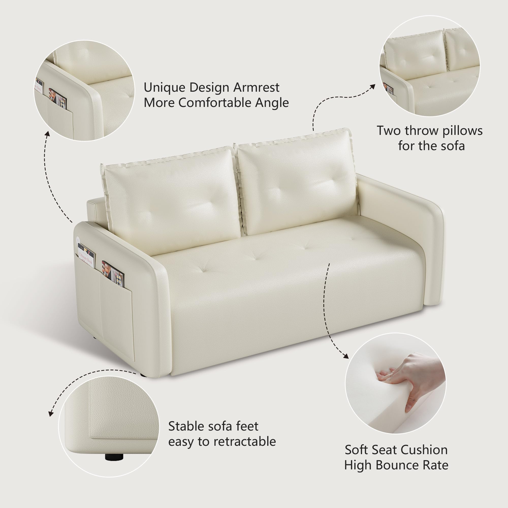 Sofa Bed Couch,3 in 1 sleeper sofa couch with pullout bed,Convertible sofa bed with 2 USB and 1 Type-C Charging Port,4 storage Pockets and 2 soft Pillows,Adjsutable Loveseat for Living Room,White