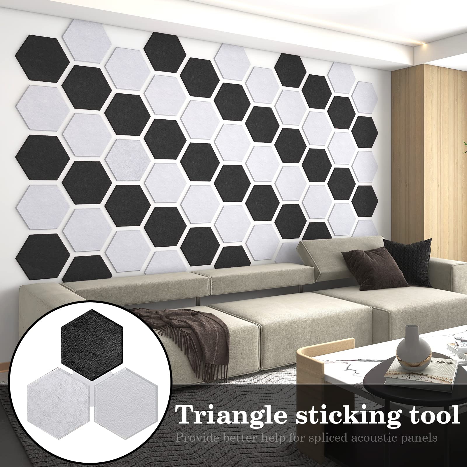 Milewa Acoustic Panels 12 Pack Sound Proof Foam With Triangle Sticking Tool, 14''×12''×0.4'' Hexagon Soundproof Wall Panels, Soundproofing, High-Density Padding(Black)