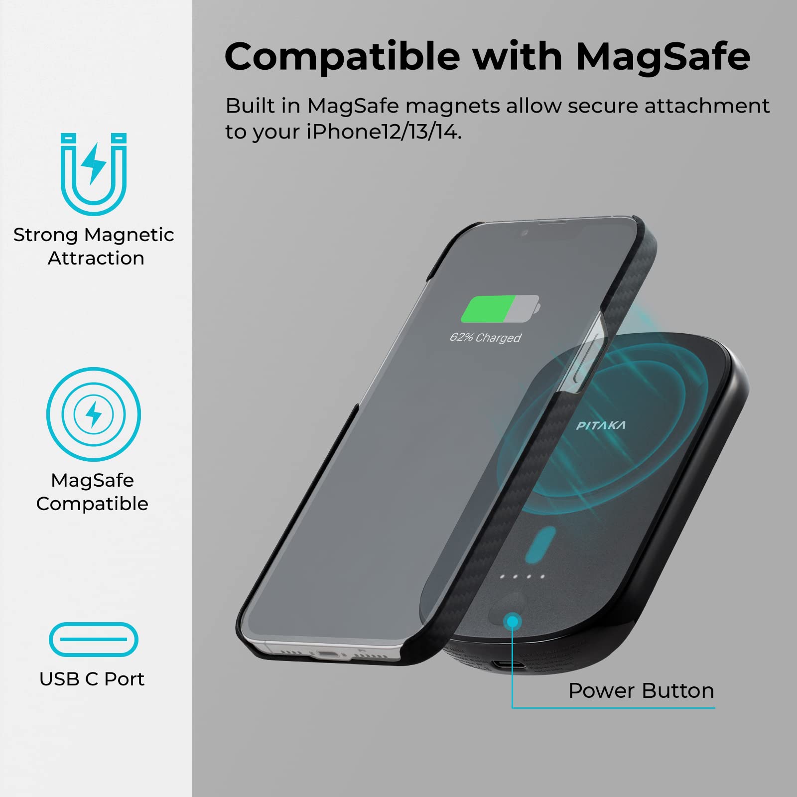 pitaka Wireless Portable Charger Power Bank for iPhone 14/13/12 Compatible with Mag Safe Battery Pack 4000mAh, 1500D Aramid Fiber Made, Black/Grey(Twill)