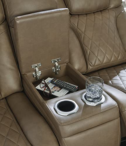 Signature Design by Ashley Strikefirst Contemporary Tufted Leather Power Reclining Loveseat with Console and Adjustable Headrest, Light Brown
