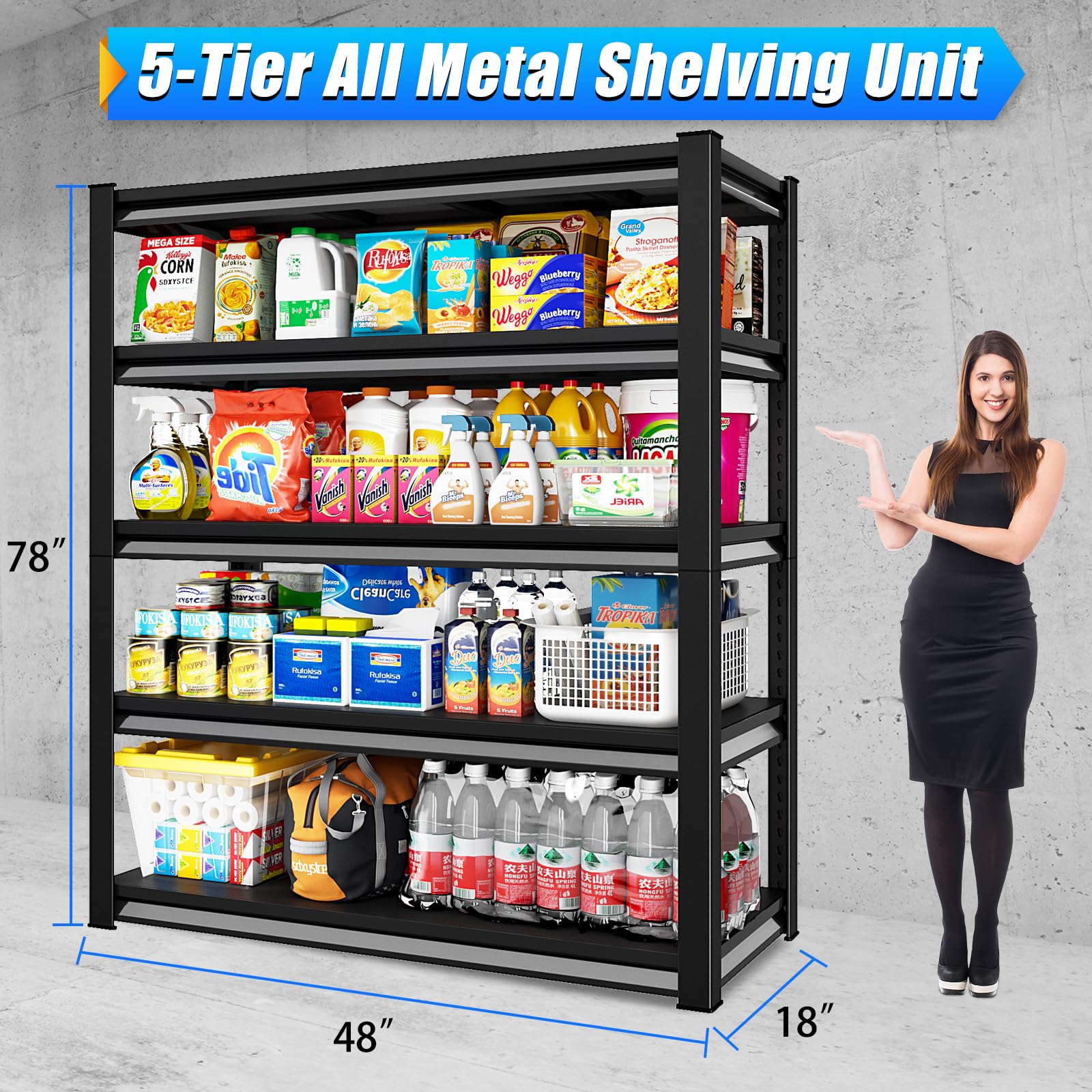 Rufokisa 48" W Garage Shelving Heavy Duty,2800LBS Loads Adjustable Garage Storage Shelves,5-Tier Metal Storage Racks and Shelving Units, Utility Rack Shelves,48”W x 18”D x 78”H,Black